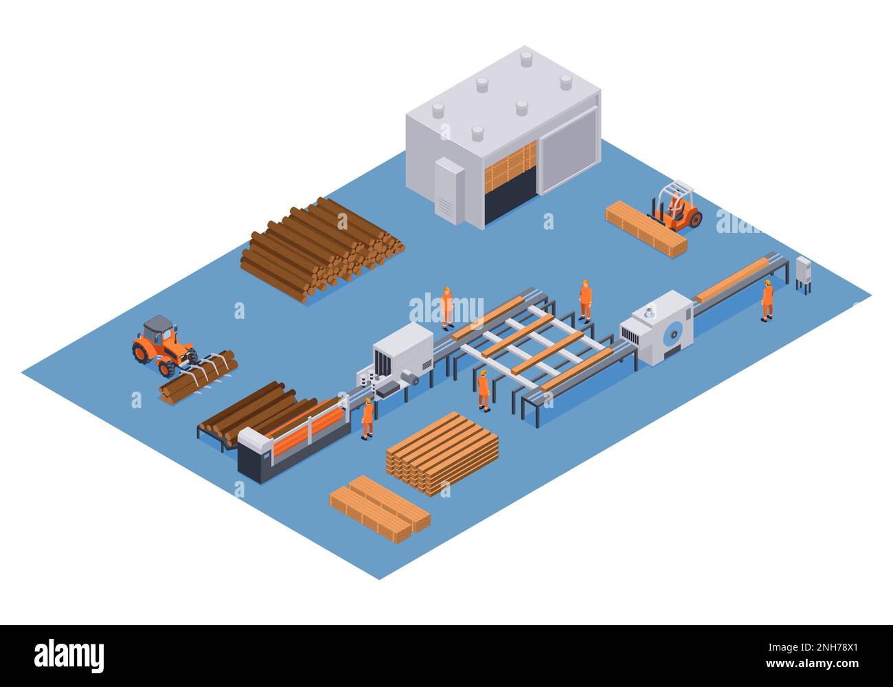 Isometric sawmill and lumber industry concept with timber and planks ...