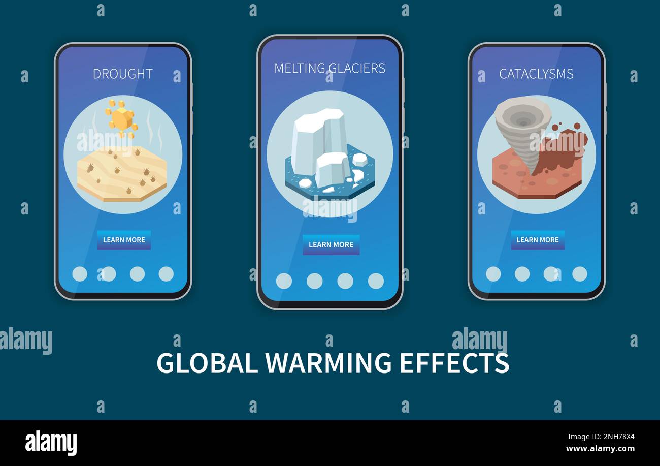 Global warming effects represented on smartphone screens isometric ...