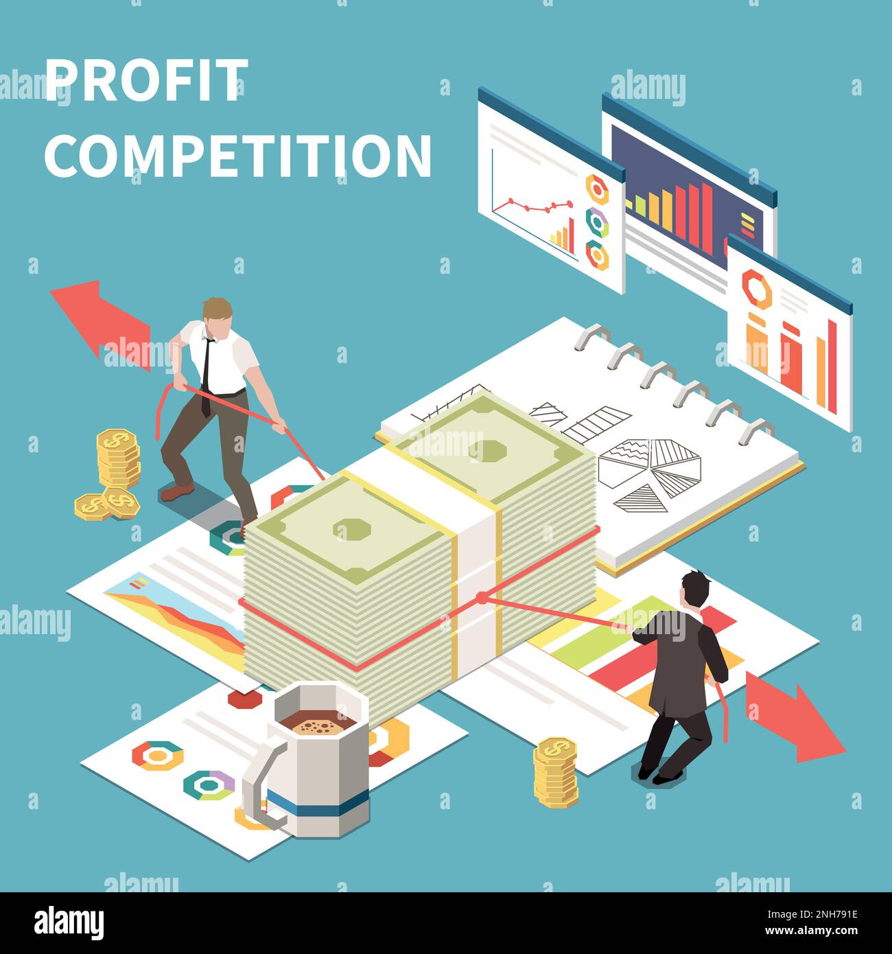 Profit competition isometric background with two businessman pulling ...