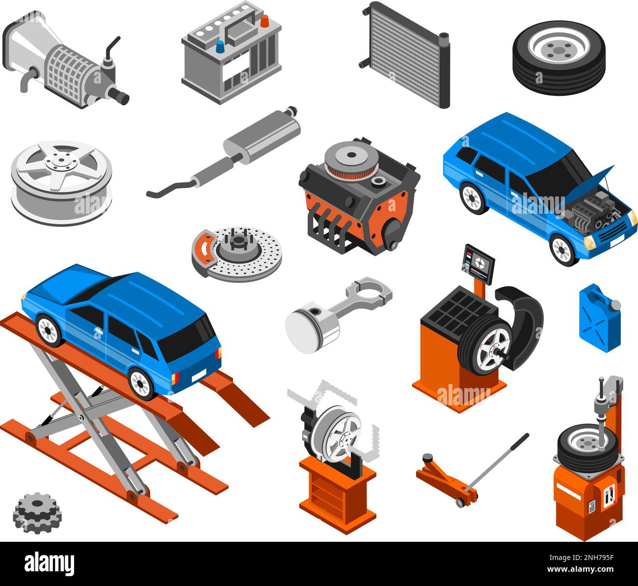 Isometric car repair icons set with auto spare parts and diagnostic ...