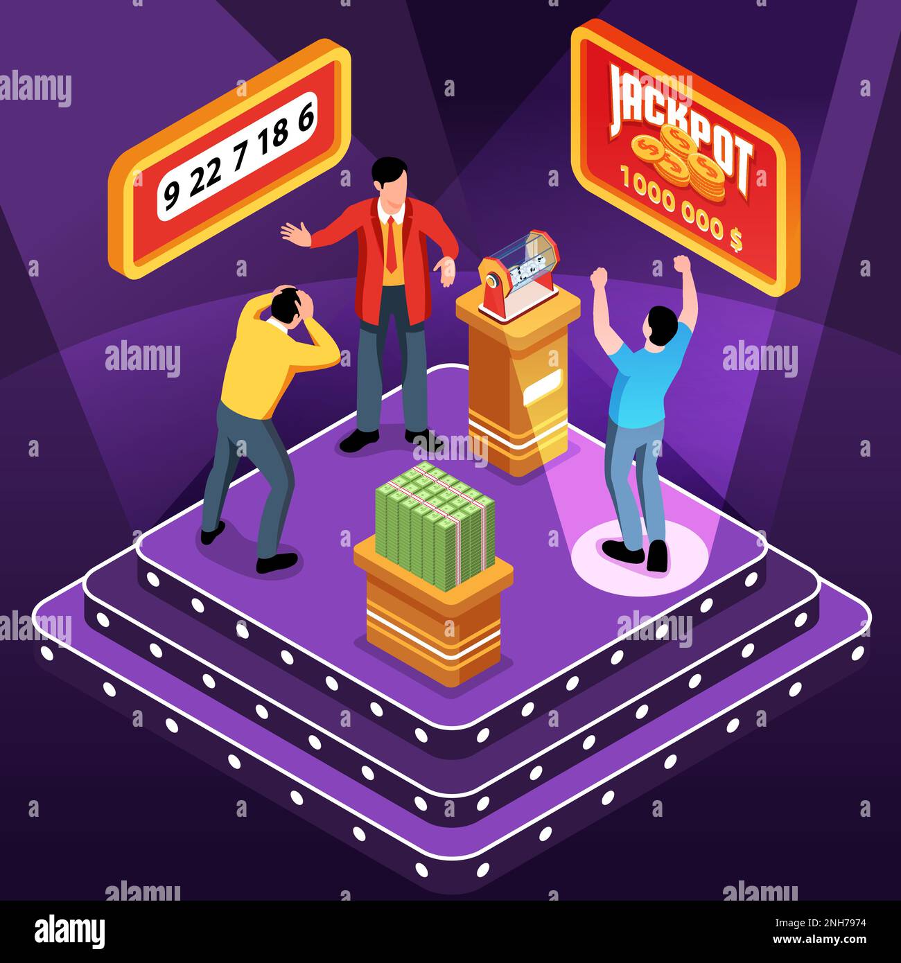 Isometric bingo lottery concept with people winning and losing vector ...