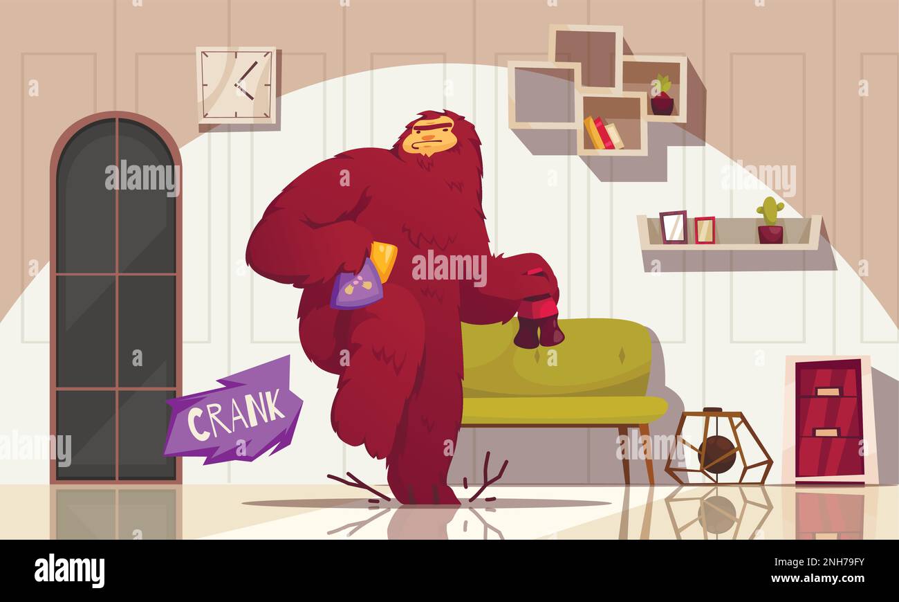 Funny yeti tiptoeing in living room stealing snacks and bottles cartoon ...