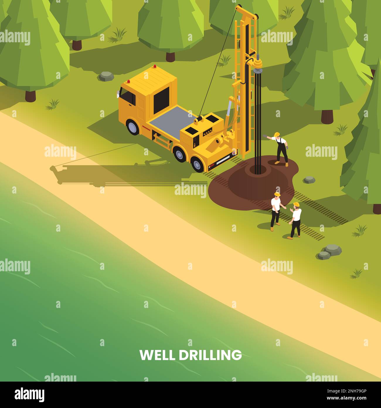 Well drilling in forest isometric composition with drill rig and ...