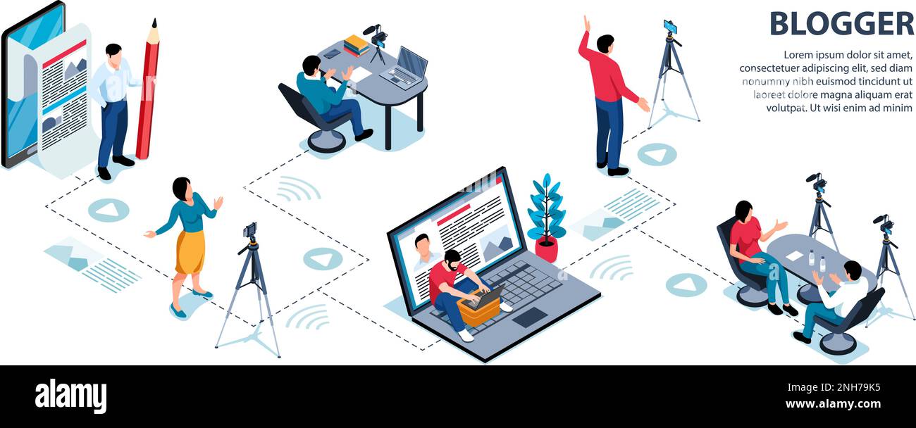 Isometric video blogger infographics with copywriter and journalist ...