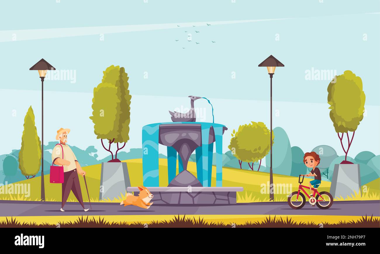 People with dog walking along green city park with beautiful statue ...