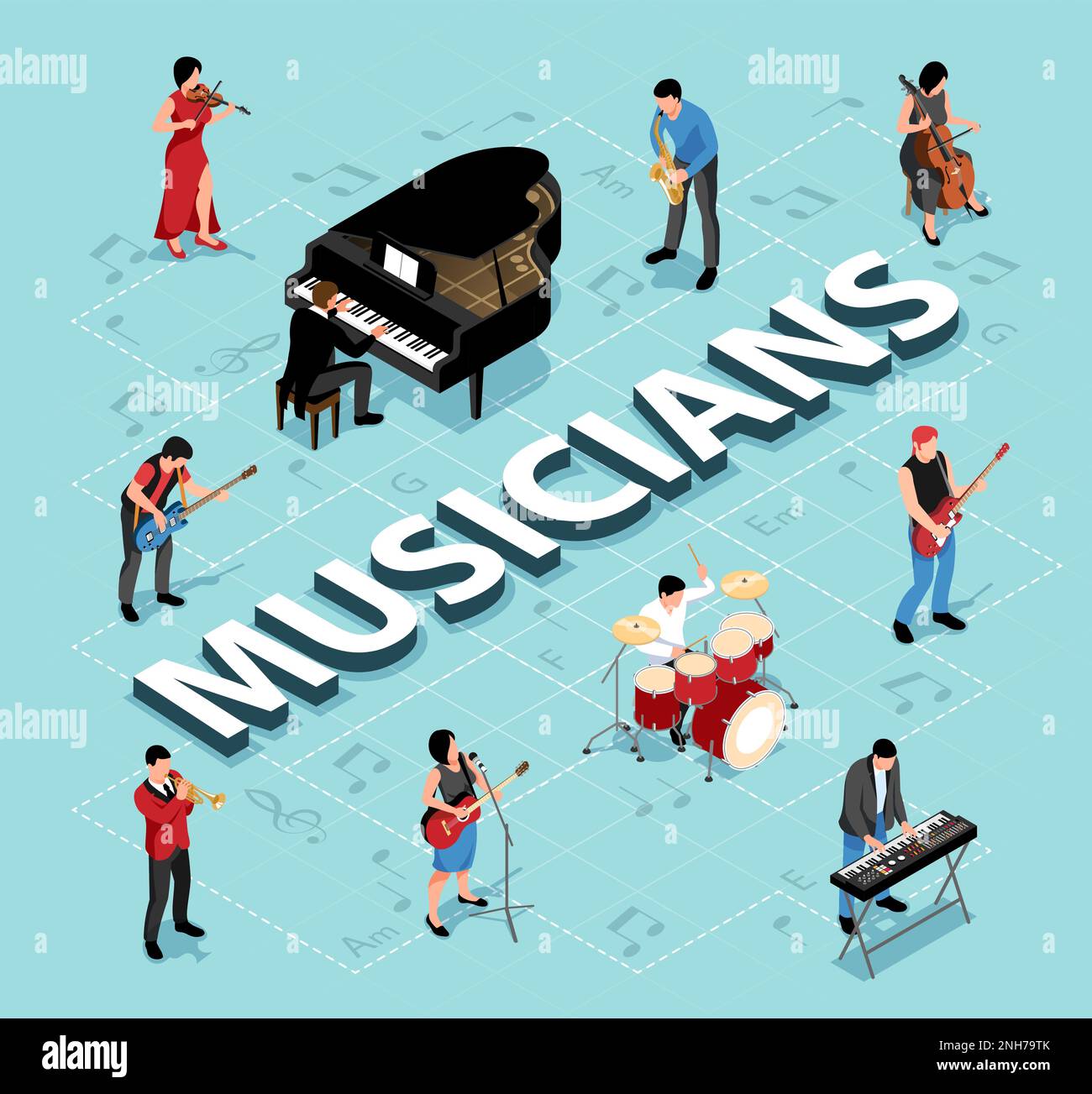 Isometric musicians flowchart with pop and classic performers vector ...