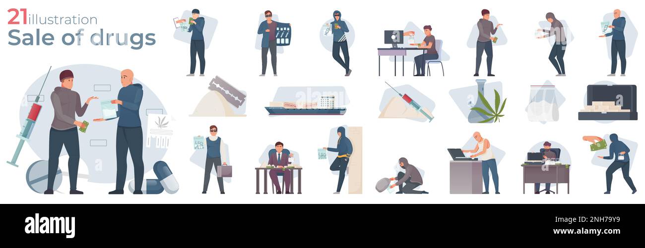 Drug trade flat composition set with narcotics dealers and people ...