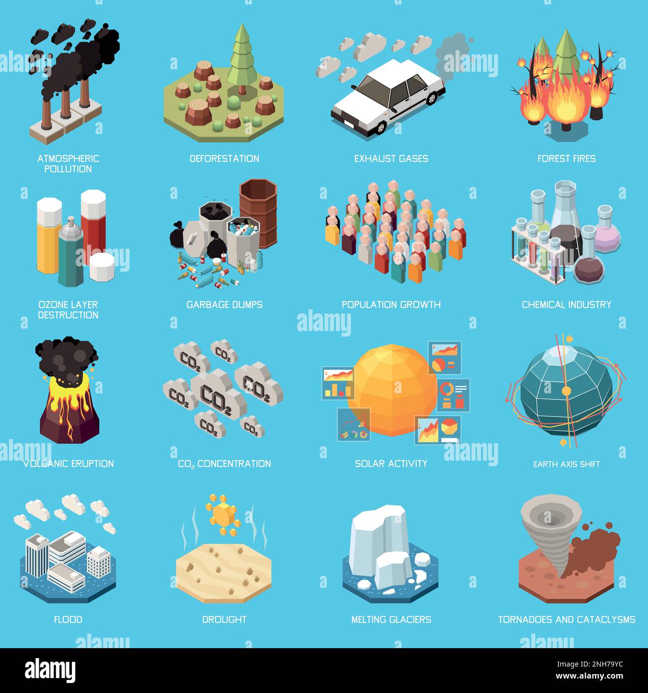 Global Warming Isometric Set Of Volcanic Eruptions Tornadoes Ozone