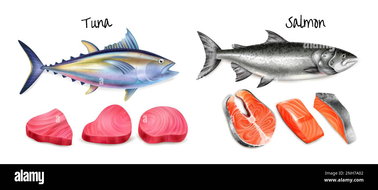 Realistic tuna salmon steak icon set whole carcasses of two kinds of ...