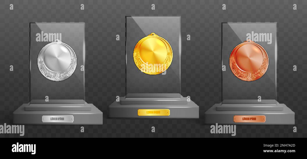 Realistic rectangular glass winner awards on pedestal with gold silver ...
