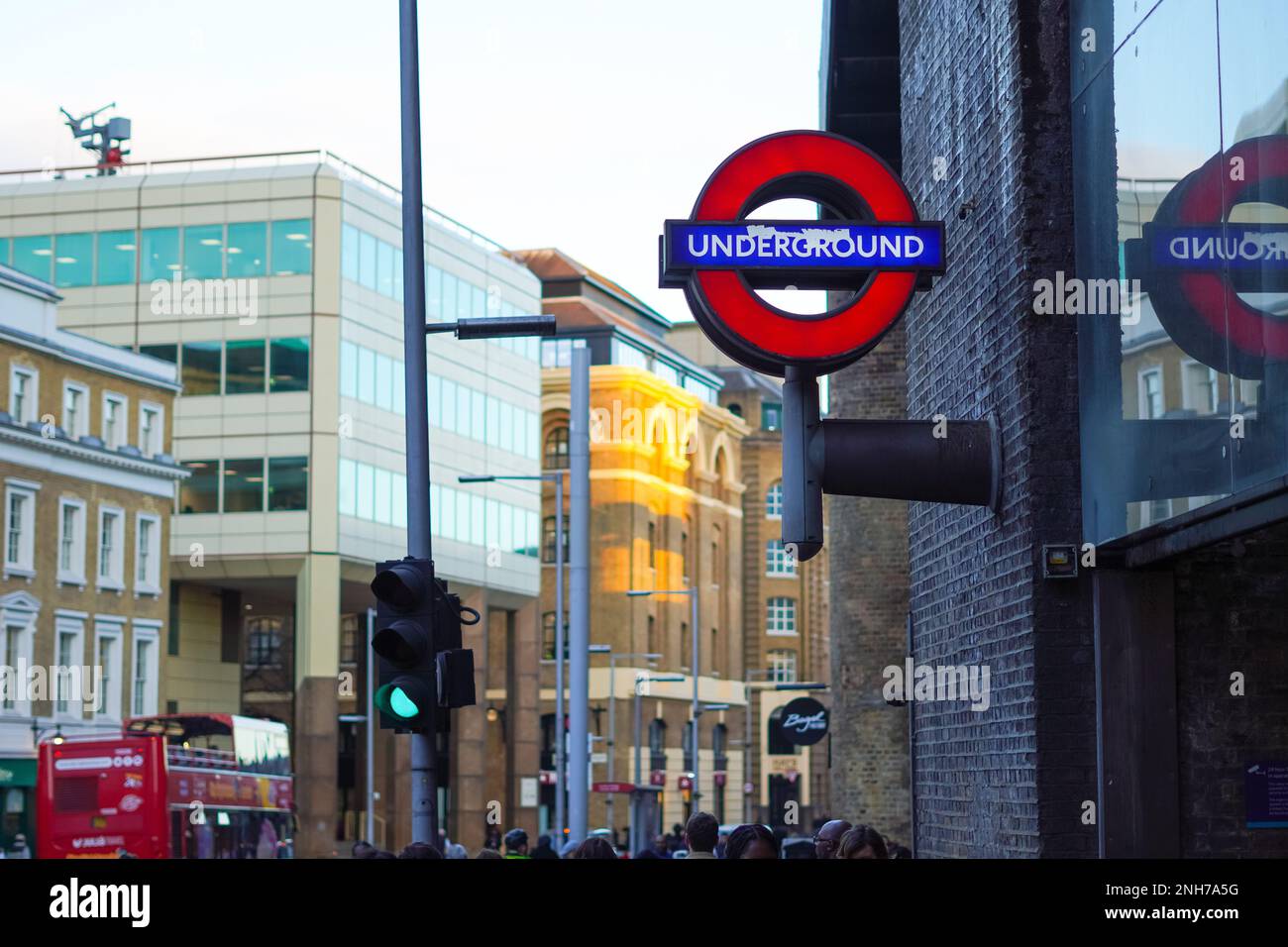 London,London Bridge station,UK,20,02,2023,-Red and blue circle sign of ...