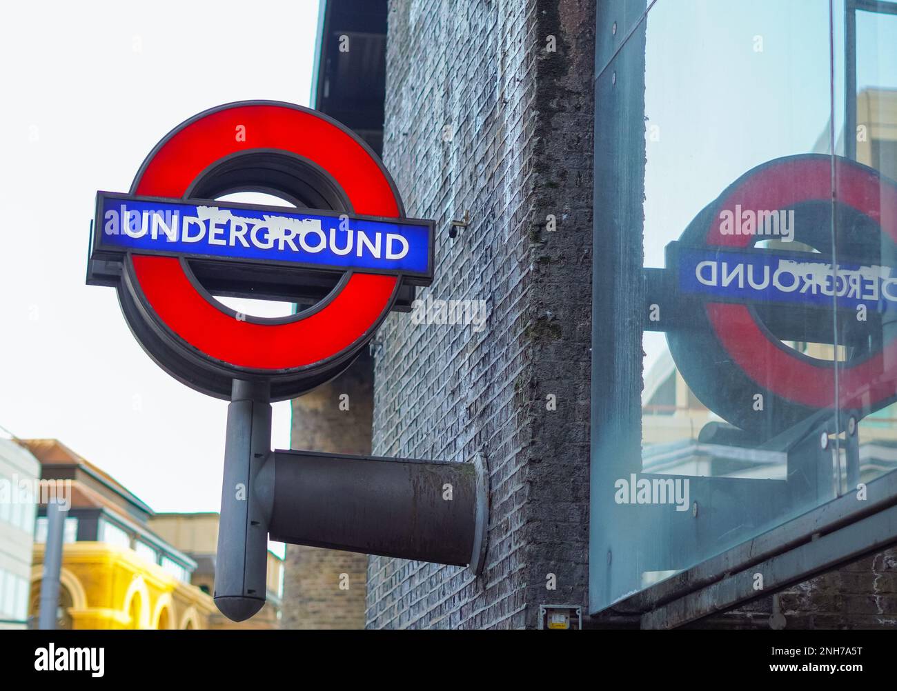 London,London Bridge station,UK,20,02,2023,-Red and blue circle sign of ...
