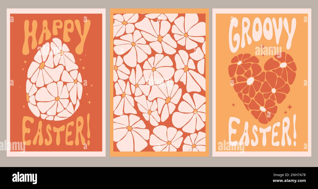 Collection retro Easter posters. Easter egg and heart from daisy ...