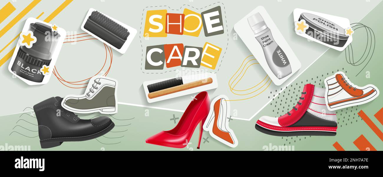 Realistic collage with shoe care tools and various footwear on colour ...