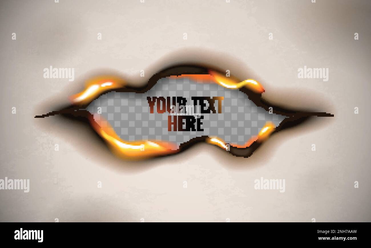 Burnt paper realistic set with hole in brown paper with editable text ...