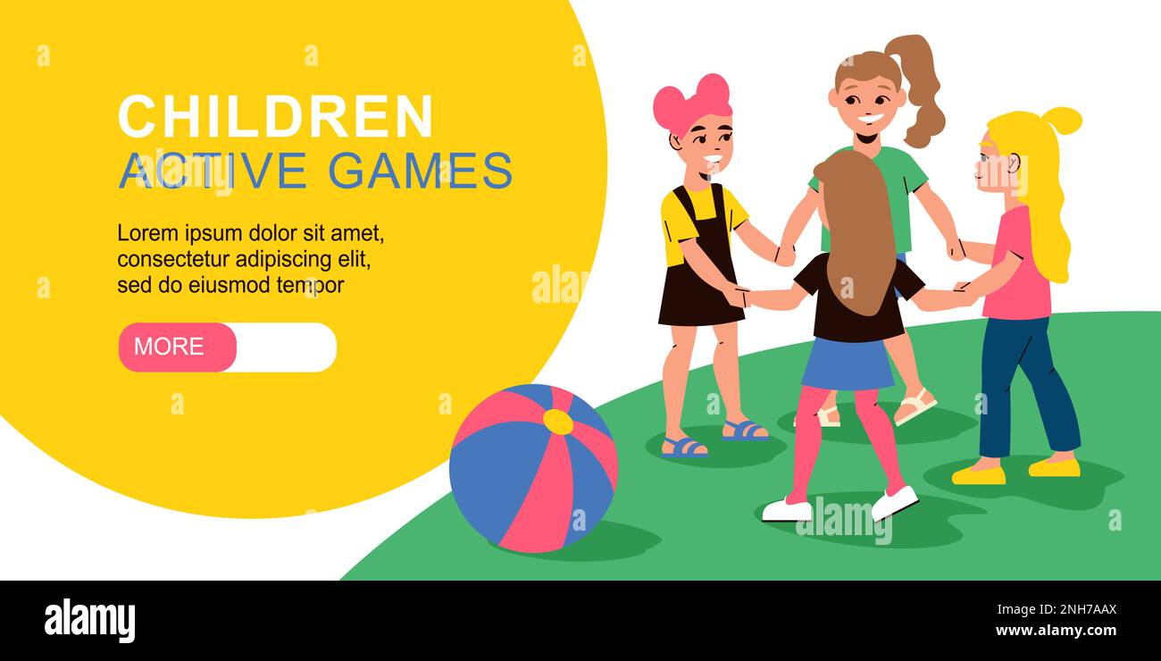 Children active games horizontal banner with happy girls playing flat ...