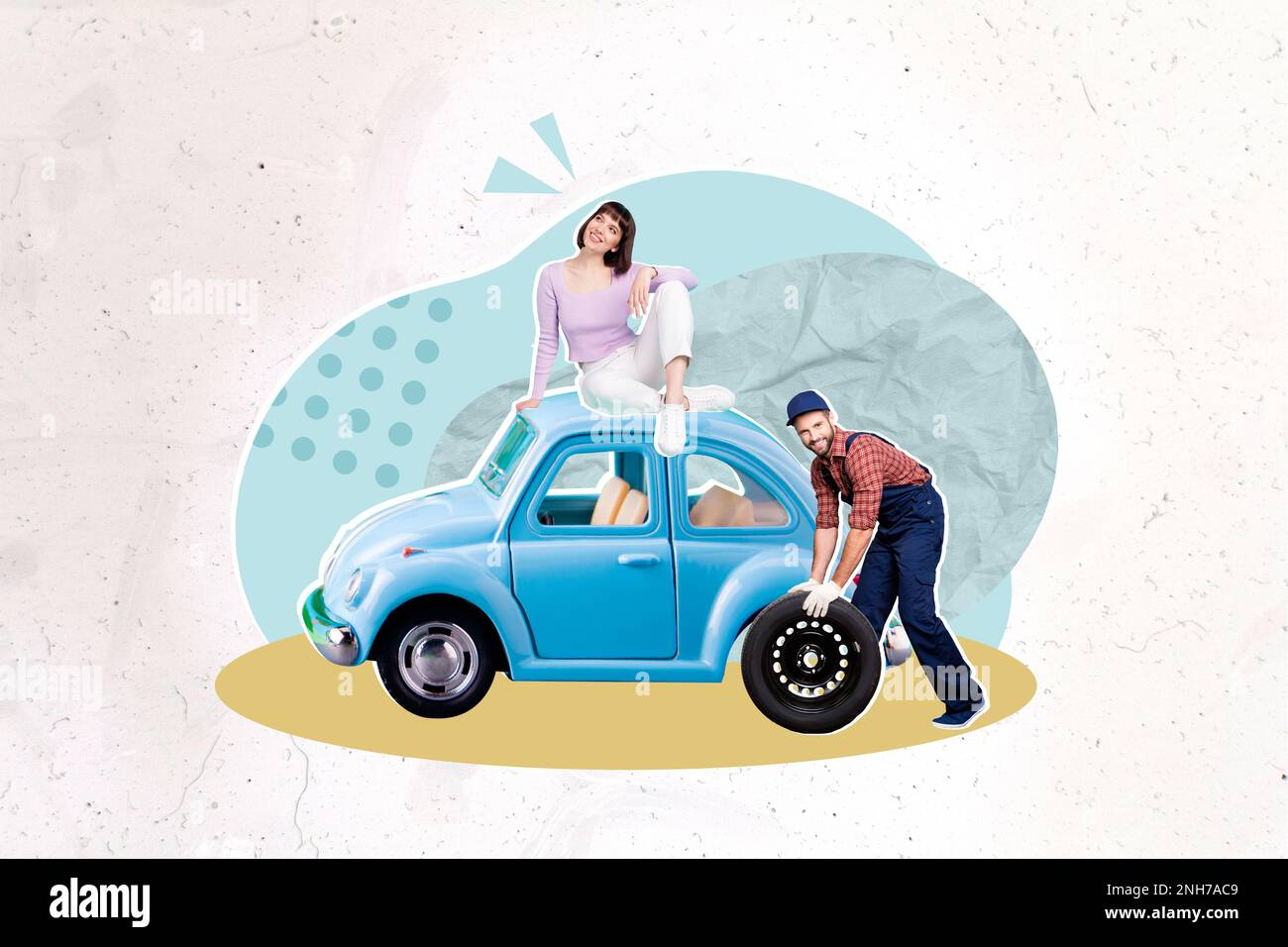 Photo collage of advert service young repairman wear uniform changing ...