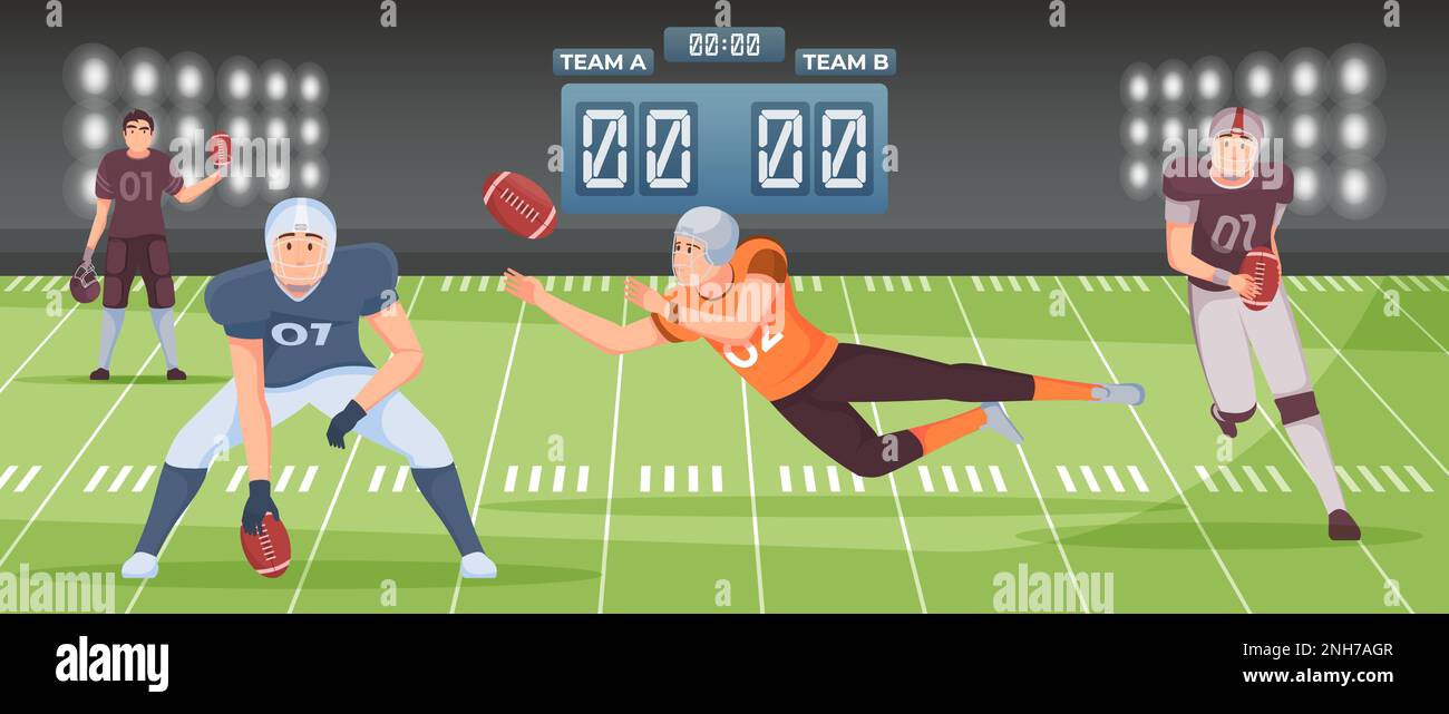 Male players playing american football on soccer field with score board ...