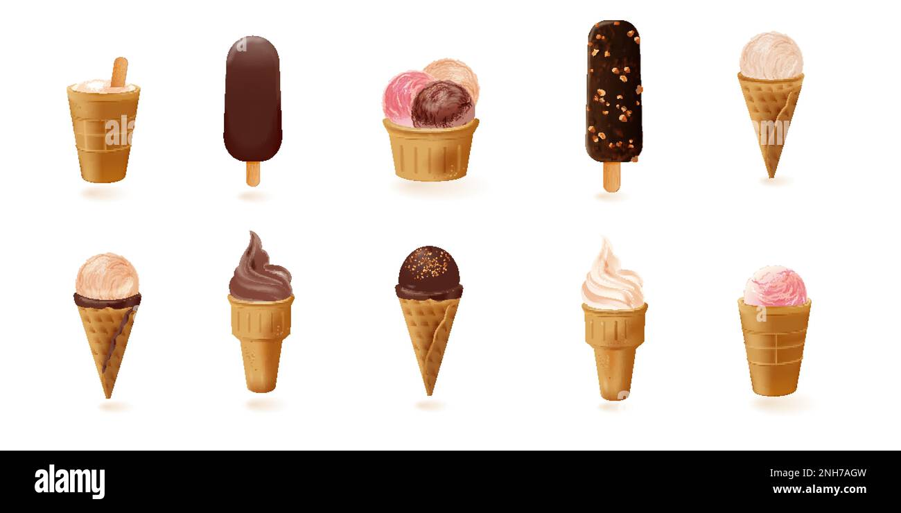 Ice cream realistic set with isolated images of sweet products with ice ...