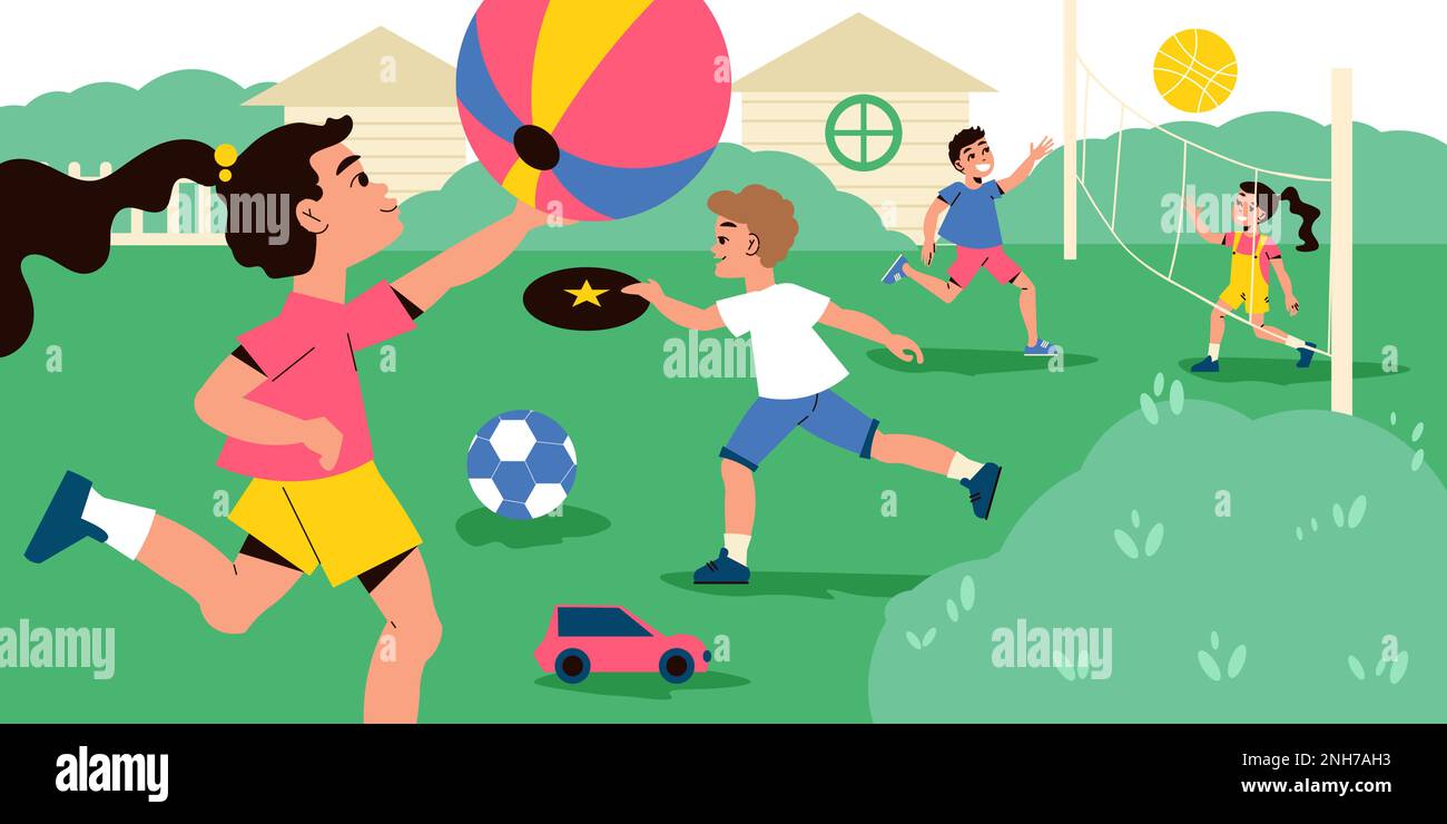 Children active games scene with kids playing ball flat vector ...