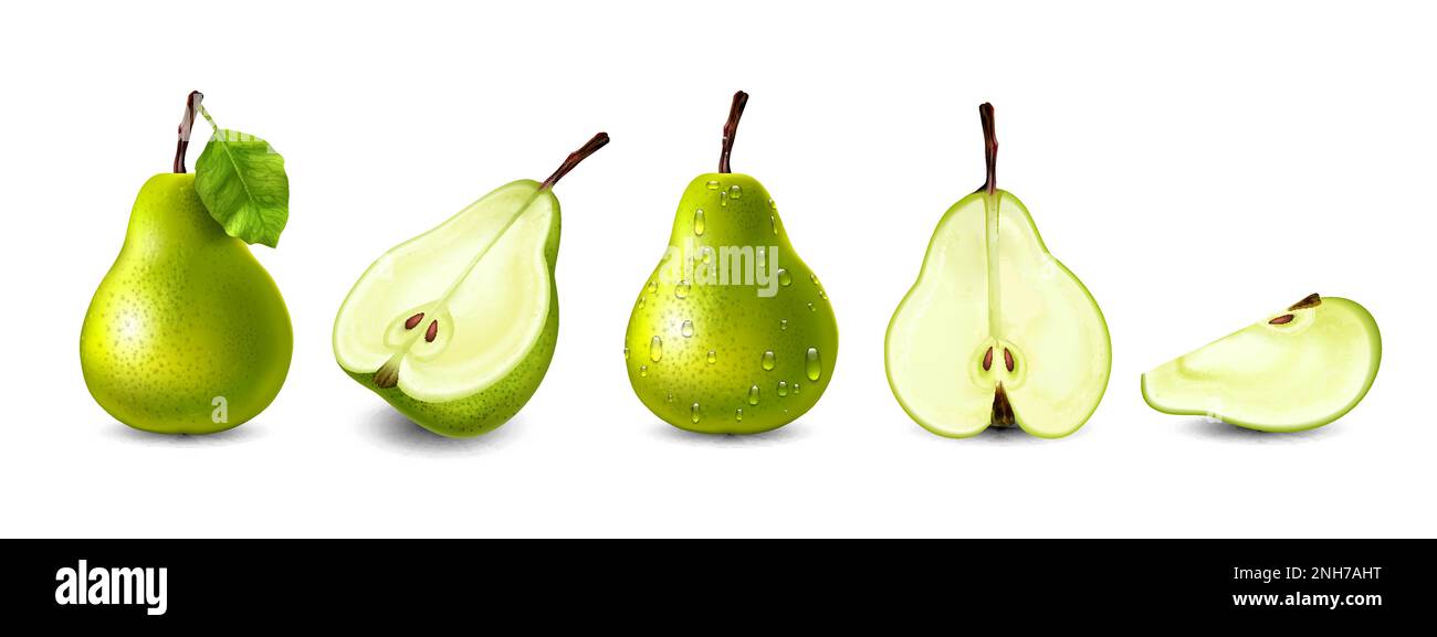 Realistic set of whole and sliced green pears on white background ...