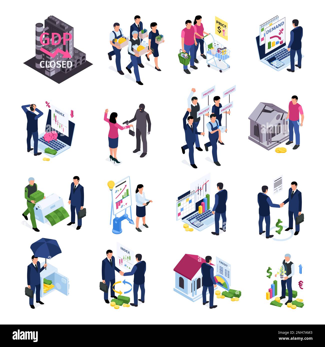 Isometric business crisis and economics recovery symbols isolated ...