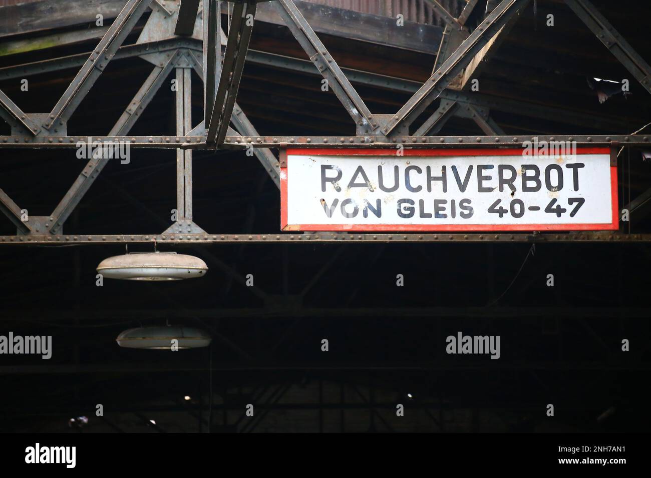 Sign at a former railway workshop in Germany. Rauchverbot von Gleis 40 ...