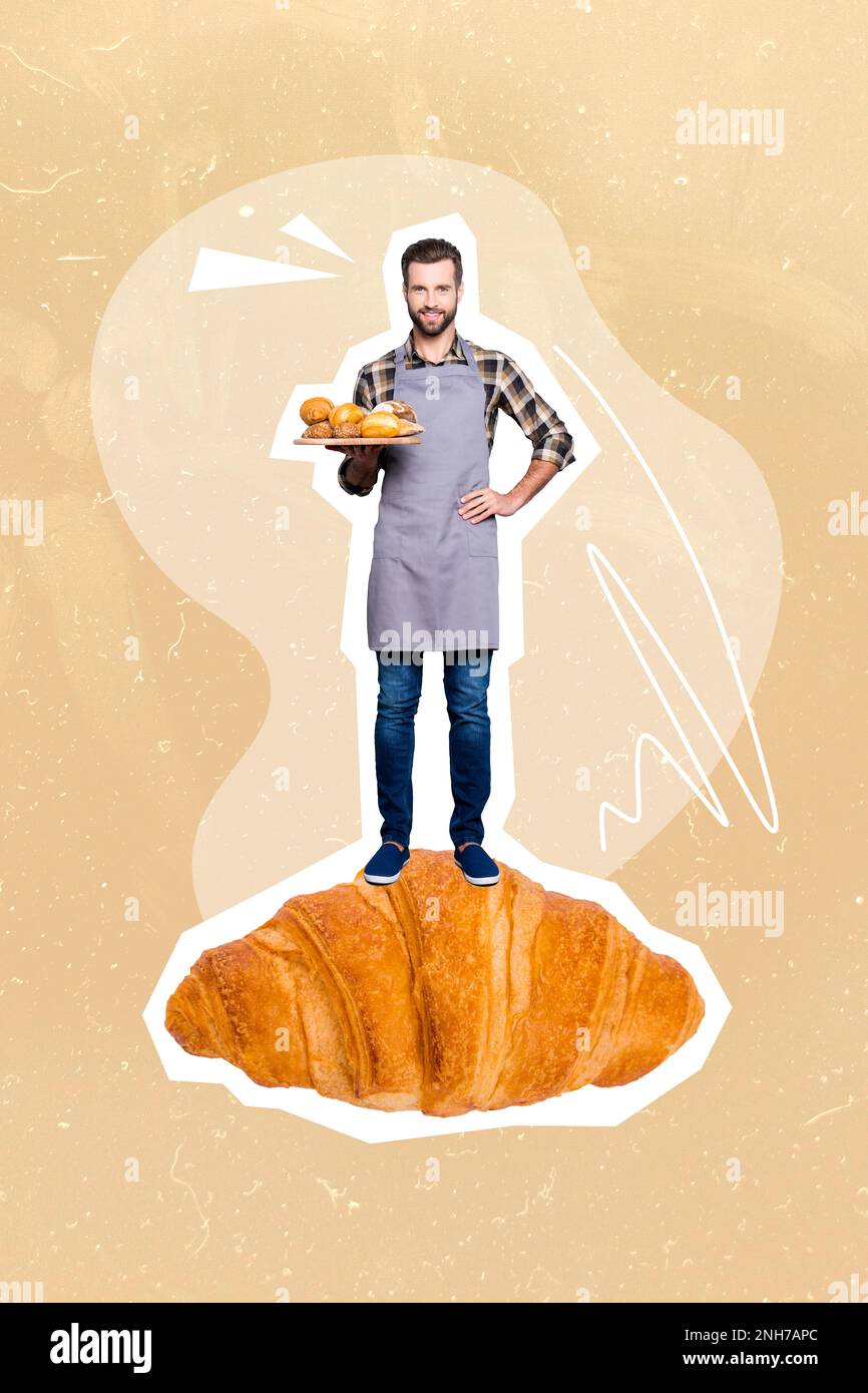 Composite photo template of positive young cook professional chef hold ...