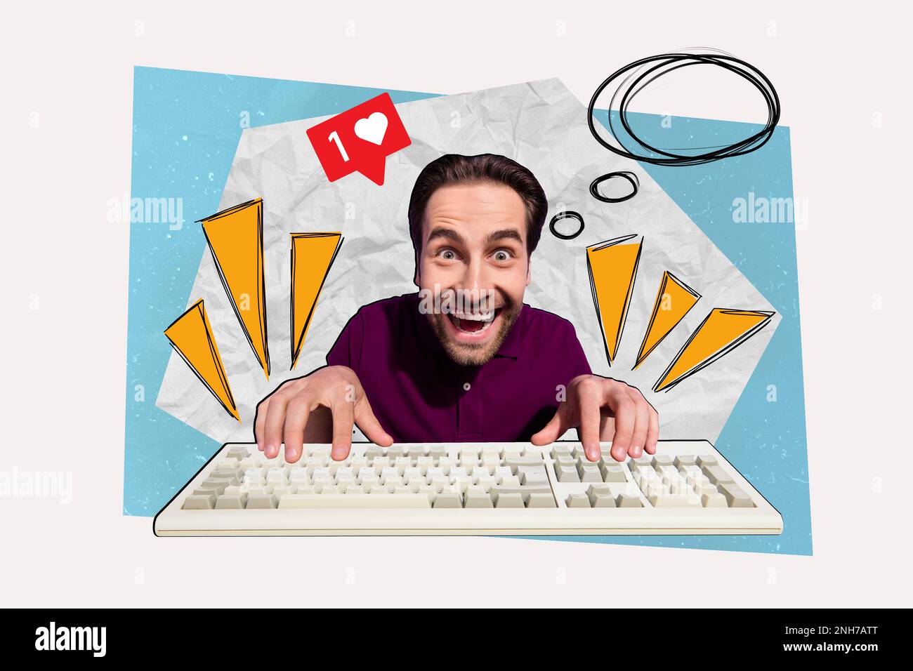 Creative collage picture of positive impressed guy keyboard typing ...