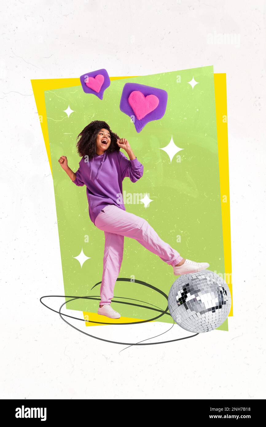 Creative photo collage hipster girl dancing have fun listen retro pop ...