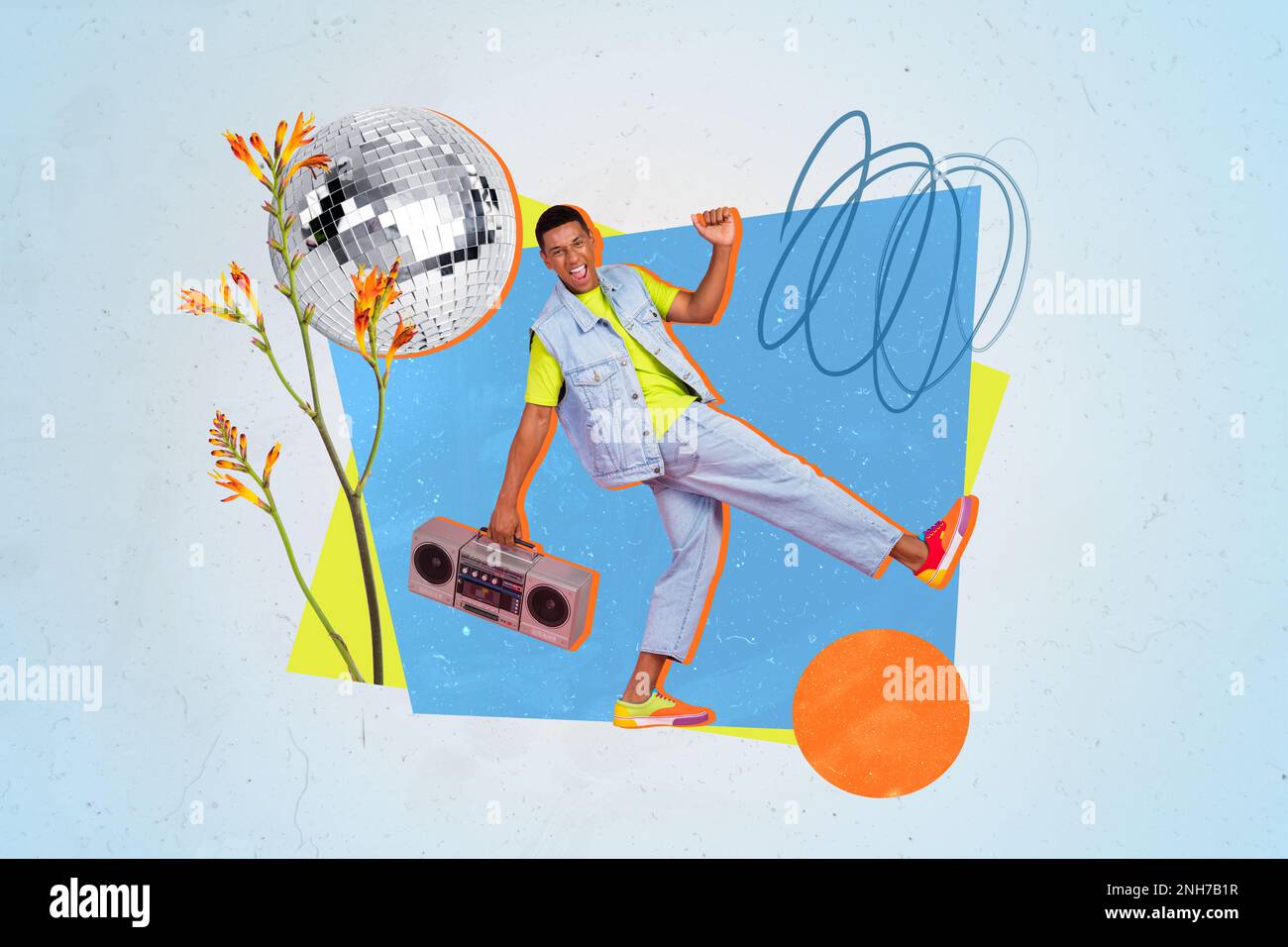 Picture of youngster cool guy dancing listen pop music boom box ...