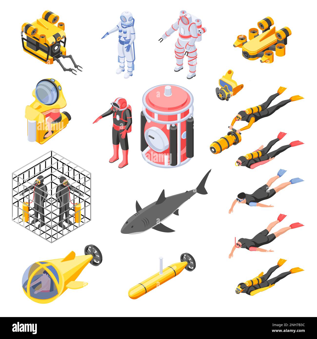 Diving isometric icons set depicting people characters in diving suit ...