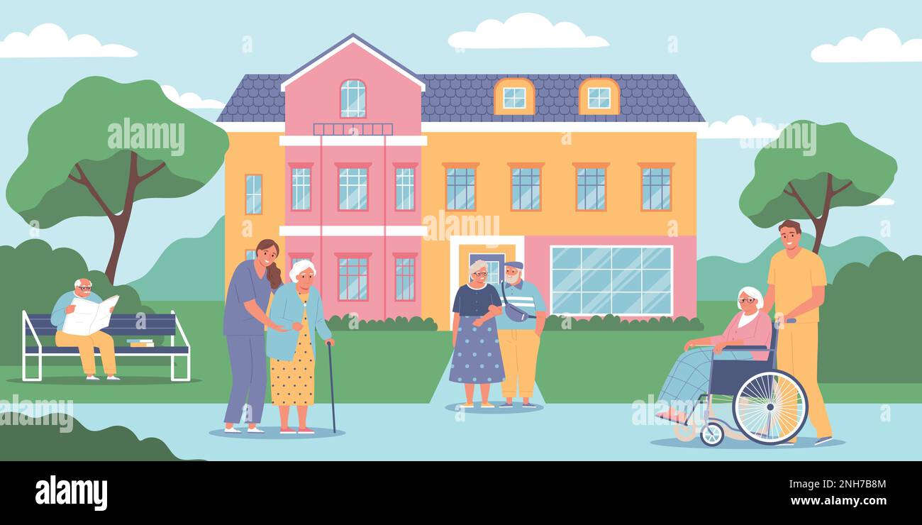 Nursing home concept with elderly people walking outdoors flat vector ...