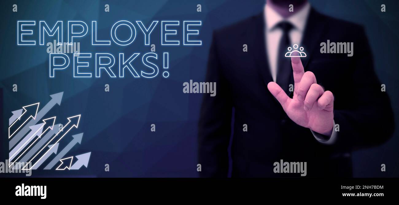 Text sign showing Employee Perks. Concept meaning Worker Benefits ...