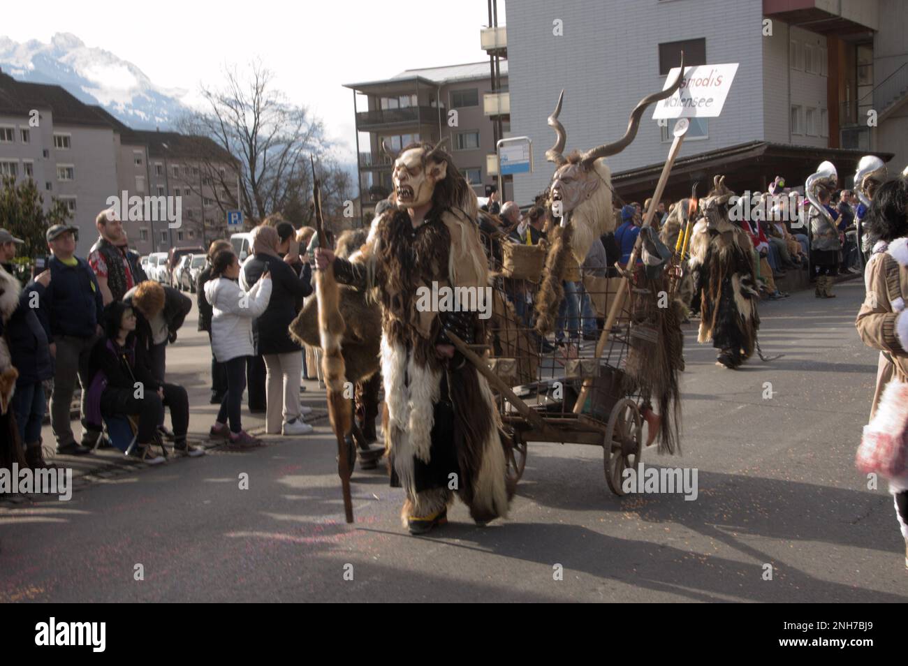 Demon costumes at the Walenstadt Fasnacht procession in the Swiss Alps ...