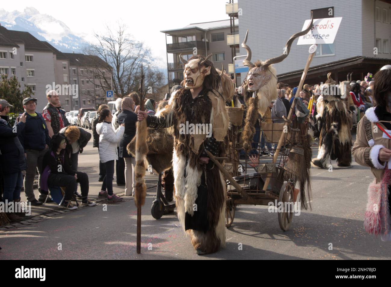 Demon costumes at the Walenstadt Fasnacht procession in the Swiss Alps ...