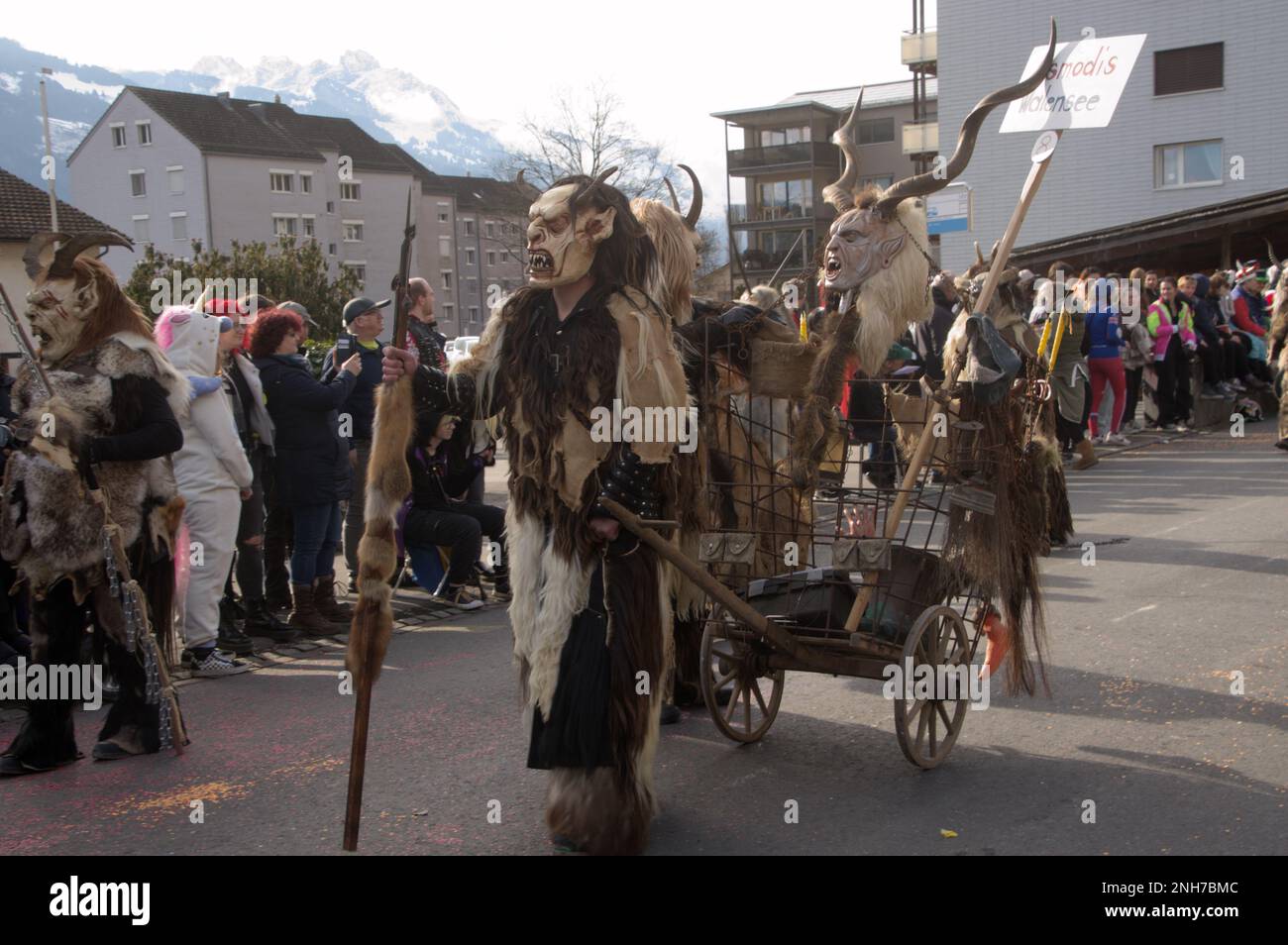 Demon costumes at the Walenstadt Fasnacht procession in the Swiss Alps ...