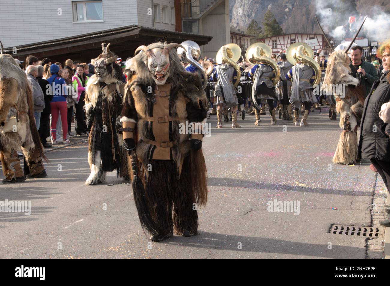 Demon costumes at the Walenstadt Fasnacht procession in the Swiss Alps ...