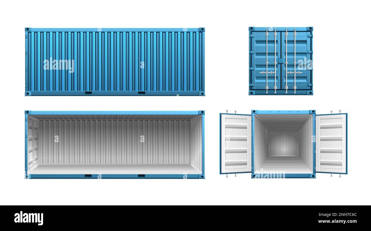 Realistic set of open and closed blue metal cargo container front and ...