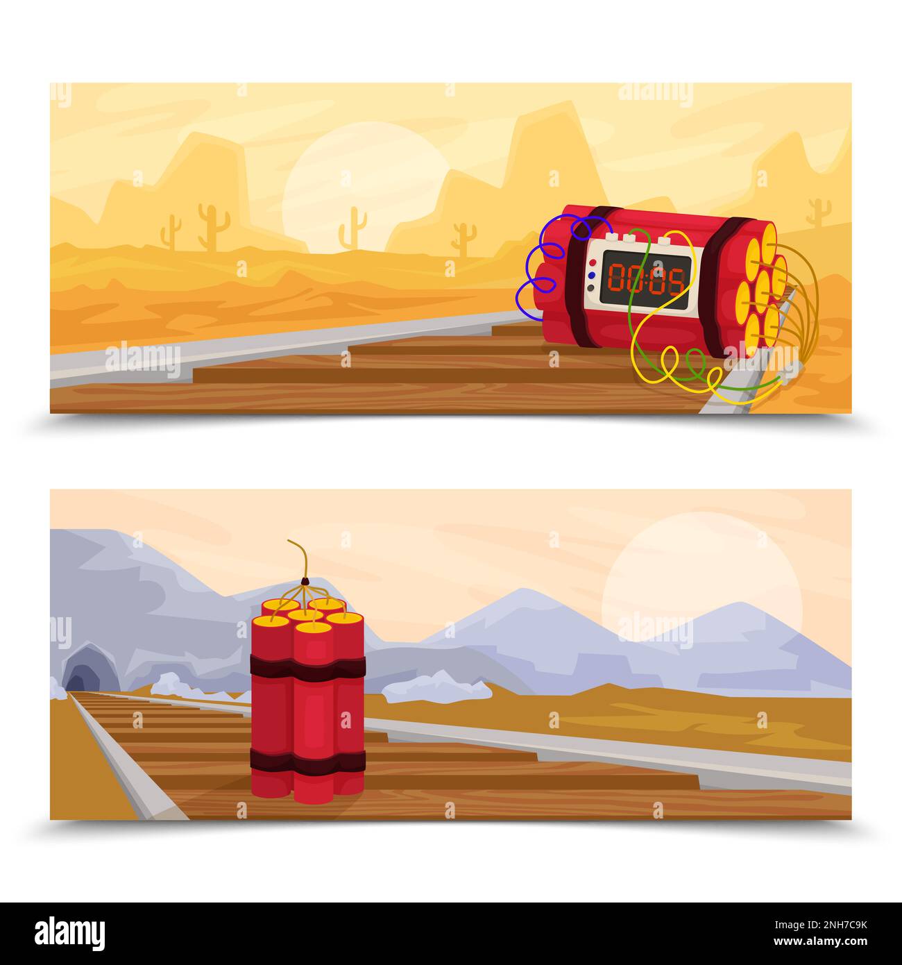 Dynamite bomb set of flat horizontal banners with outdoor landscape and ...