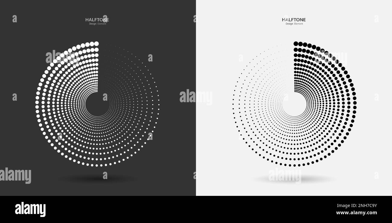 Circles of dotted halftones with a shadow on a black white background ...