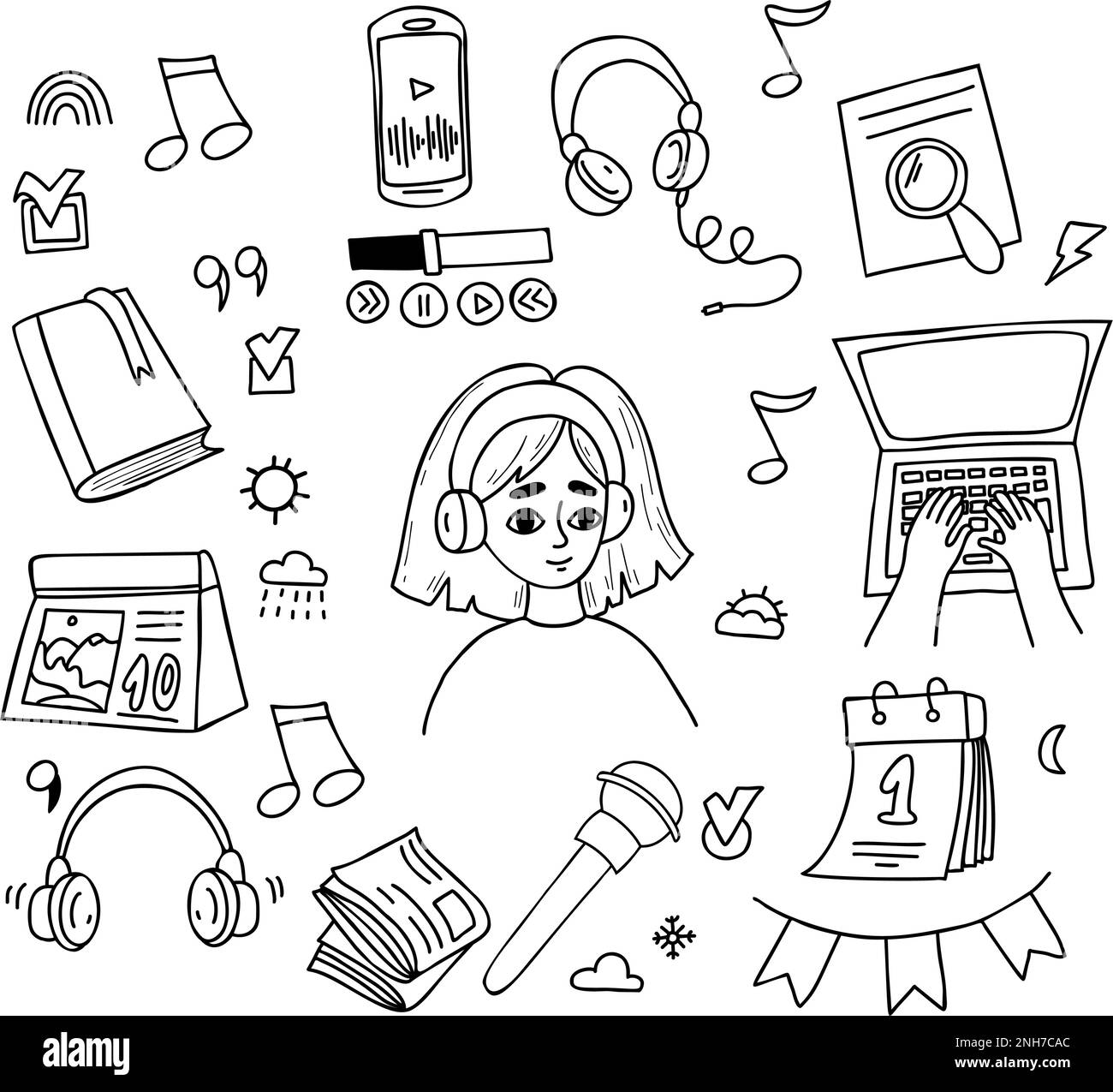 Collection doodles podcast. Cute girl in headphones listens to music ...