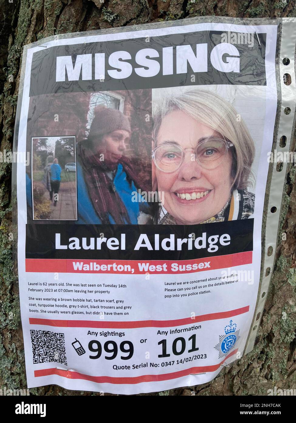 Signs in the village of Walburton, West Sussex seeking help to find missing person Laurel ...