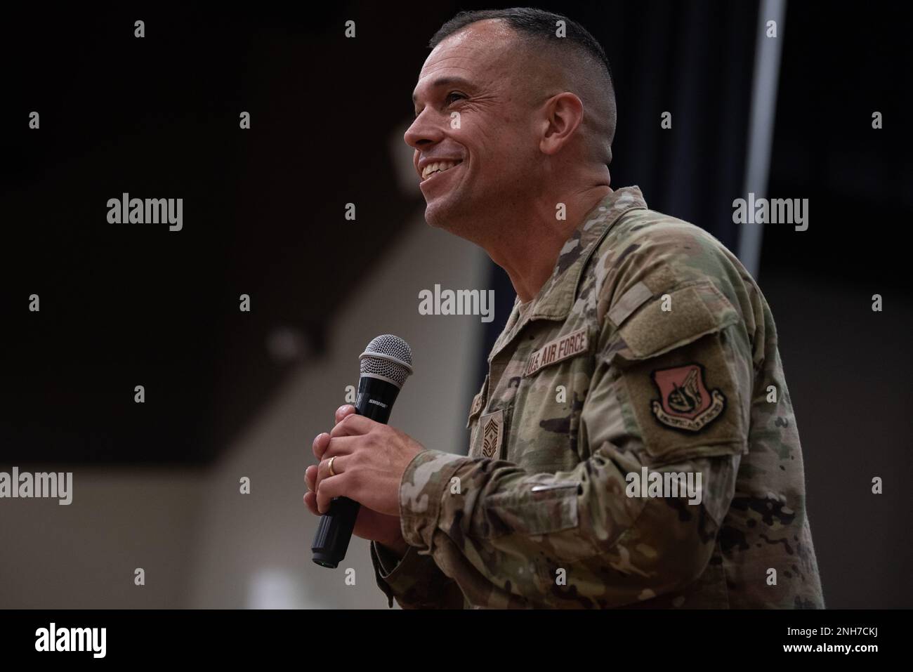 Chief Master Sgt. John Alsvig, 51st Fighter Wing command chief, gives a speech during a ...