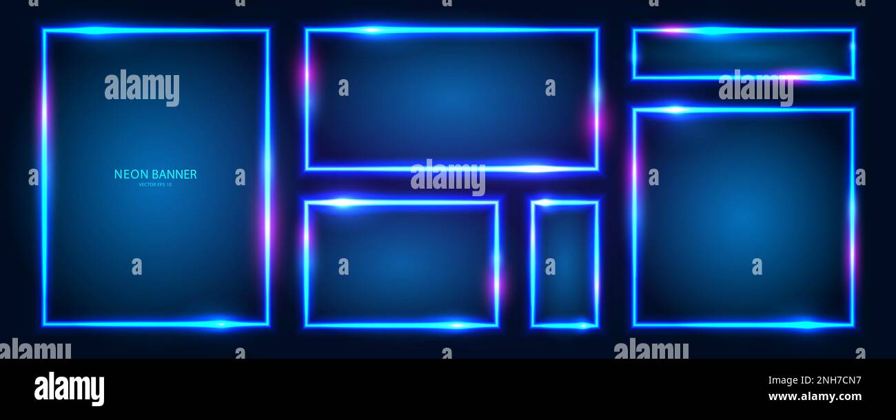 A set of rectangular neon frames with shining effects, highlights and ...
