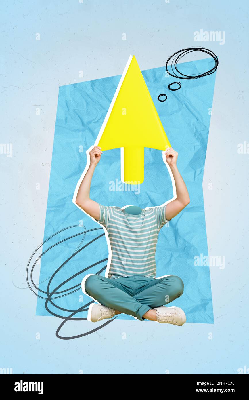 Vertical collage image of headless guy arms hold big arrow pointing ...