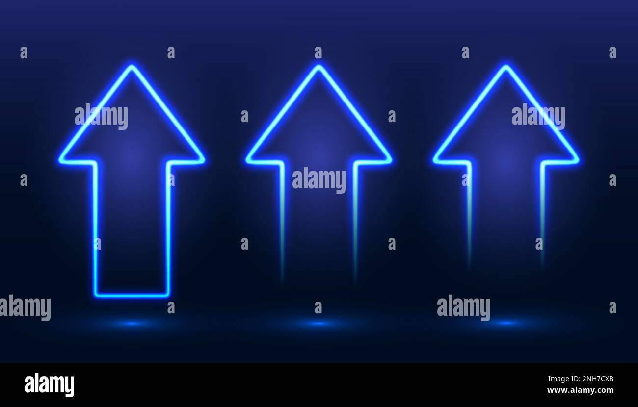 A set of neon arrows with shining effects, highlights on a dark blue ...