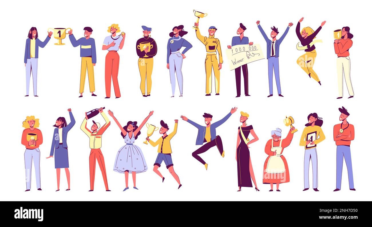 Winner people flat set with isolated doodle human characters holding ...