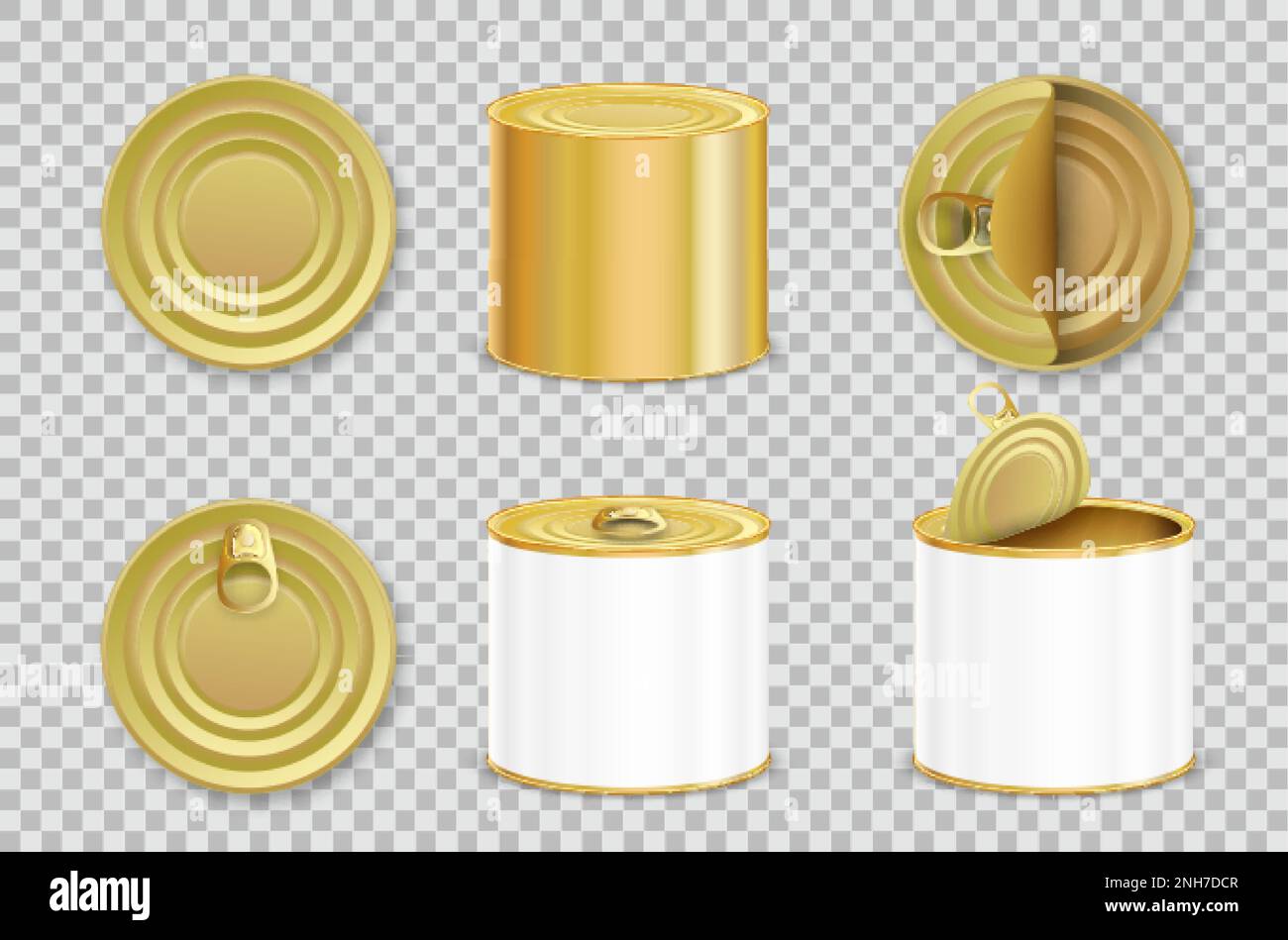 Set with isolated images of golden aluminium tins and cans with ...