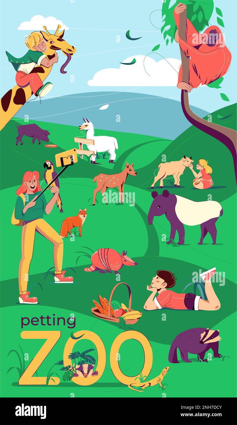 Petting zoo flat background with outdoor landscape and wildlife ...